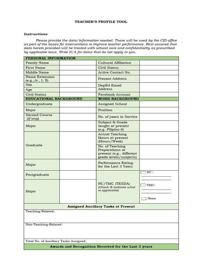 Teacher Profile Data Collection Tool | PDF | Teachers | Human Communication