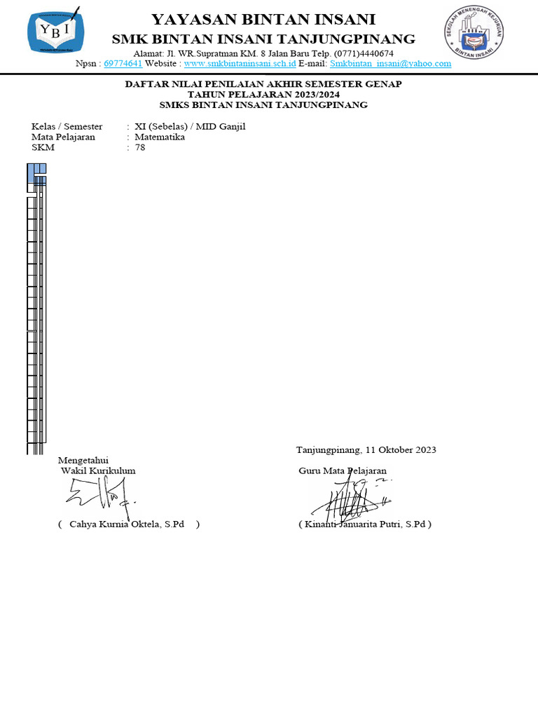 Blanko Penilaian Raport K13 Kelas XI Matematika 2023-2024 (MID GANJIL) | PDF