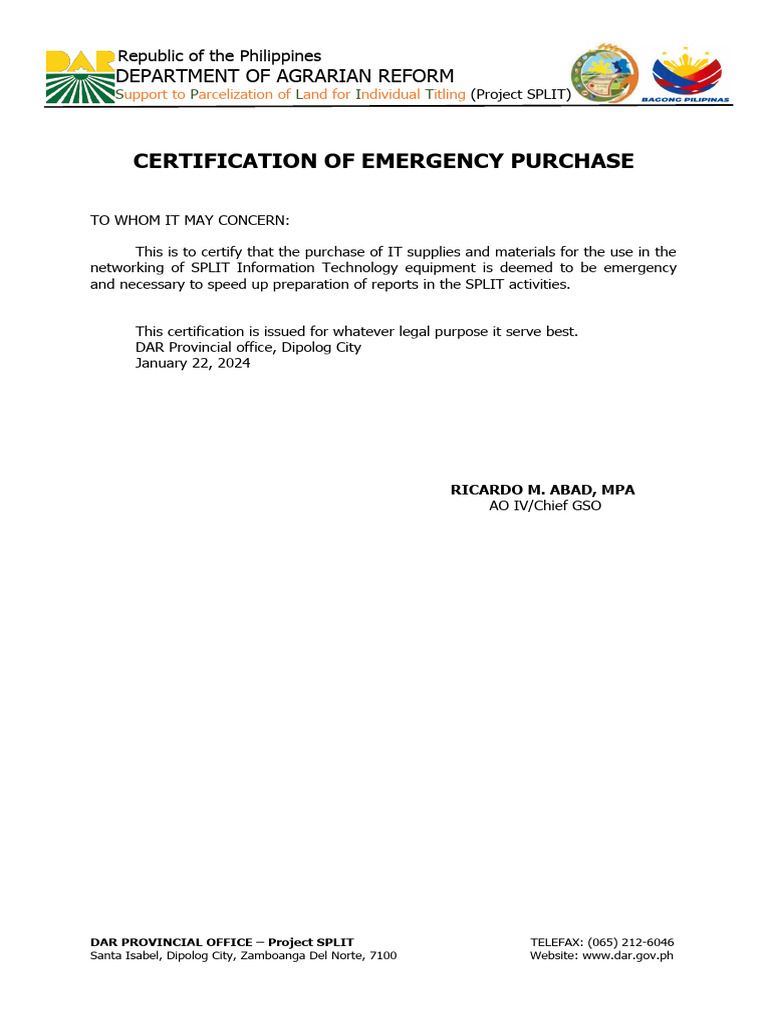 Emergency Purchase Certification for IT Supplies | PDF | Business ...