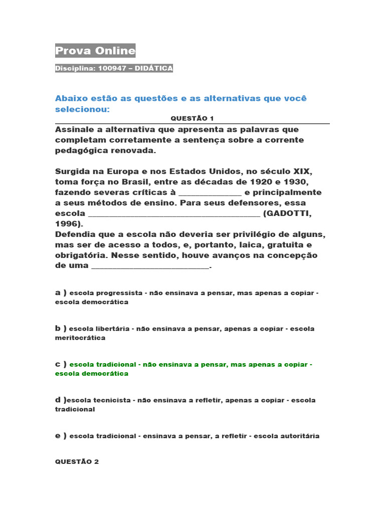 Prova Online: Abaixo Estão As Questões e As Alternativas Que Você Selecionou | Download grátis ...