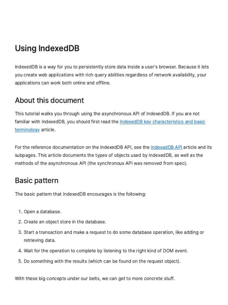IndexedDB Asynchronous API Guide | PDF | Database Index | Database Transaction
