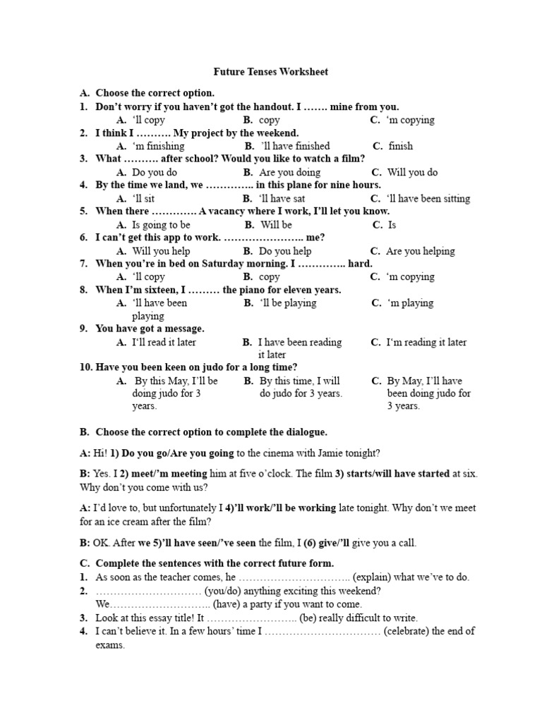 Future Tenses Worksheet Exercises | PDF