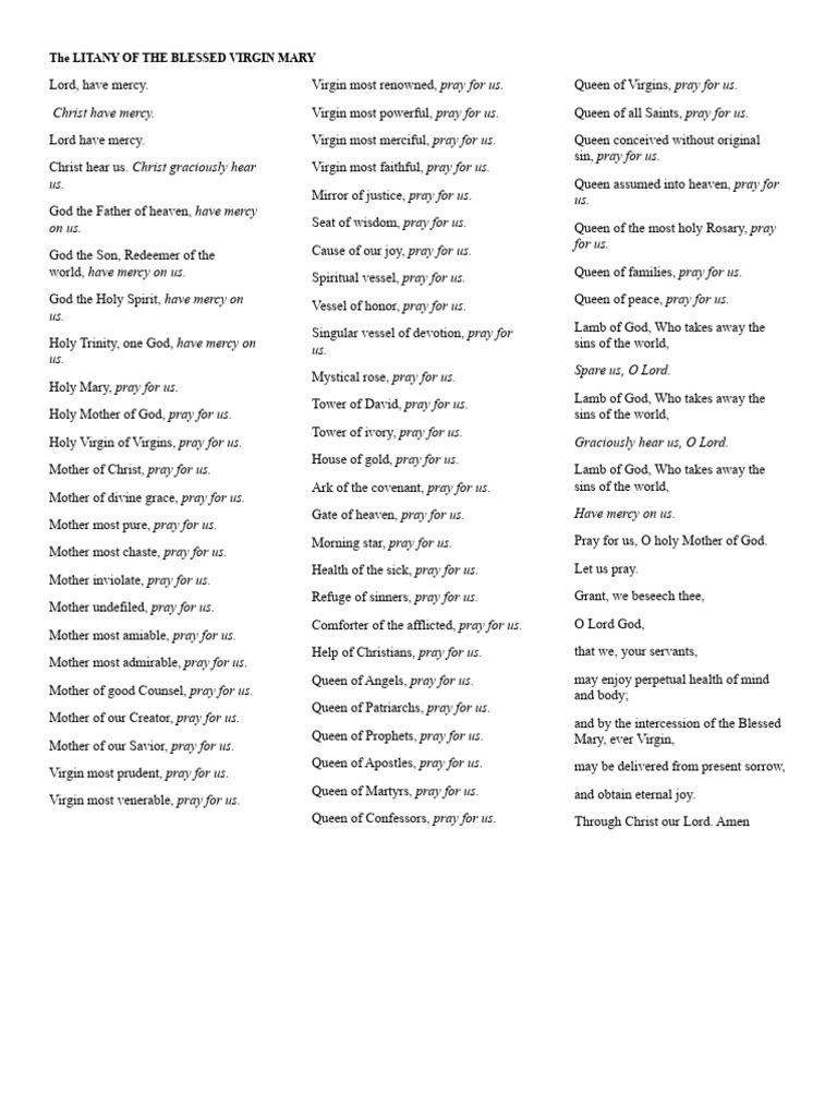 Litany Of The Blessed Virgin Mary Pdf Catholic Church Christian