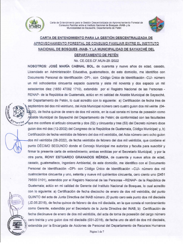 Carta de Entendimiento INAB-MUNI Sayaxché | PDF