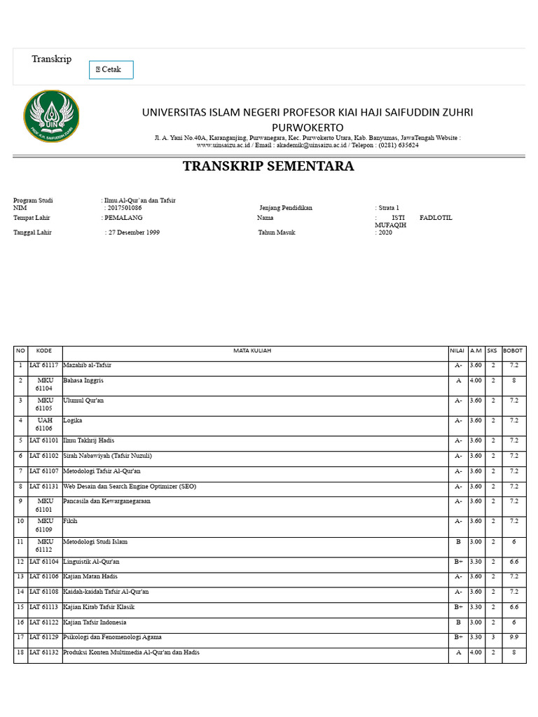 Transkip Sementara | PDF
