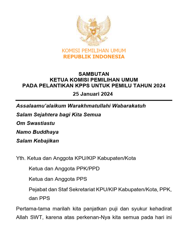 Sambutan Ketua Pelantikan KPPS 2024 | PDF