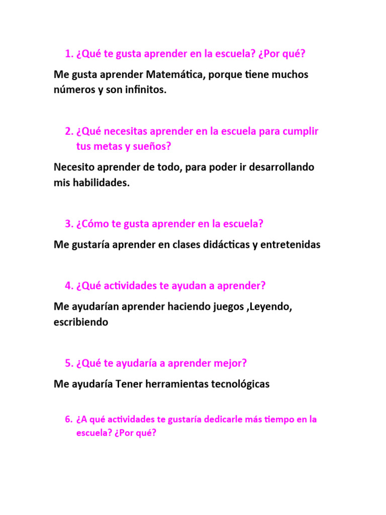 Qué Te Gusta Aprender en La Escuela | PDF