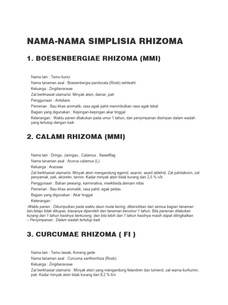 Nama Simplisia Rimpang Herbal | PDF