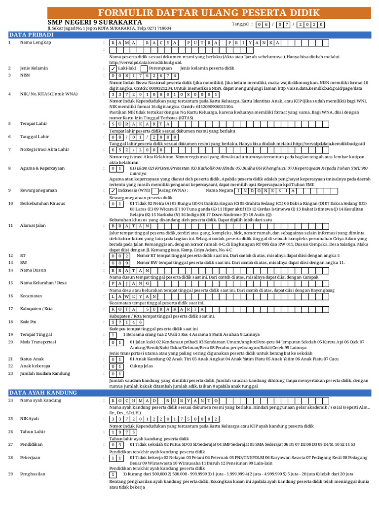 PPDB - Formulir Daftar Ulang 3372010801080001 | PDF