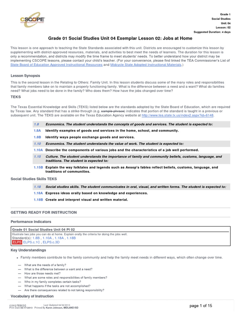 Grade 01 Social Studies Unit 04 Exemplar Lesson 02 Jobs at Home | PDF ...