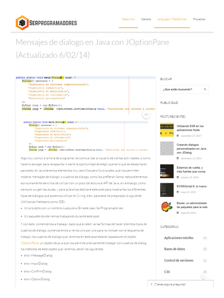 Mensajes de Dialogo en Java Con JOptionPane - Ser Programador - Es | PDF | Java (lenguaje de ...
