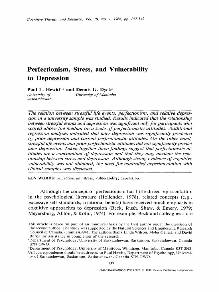 Perfectionism, Stress and Vulnerability To Depression | PDF
