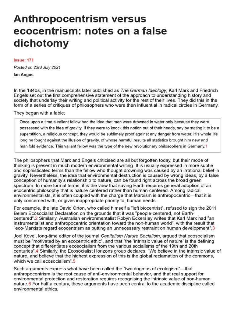 Anthropocentrism Versus Ecocentrism - Notes On A False Dichotomy ...