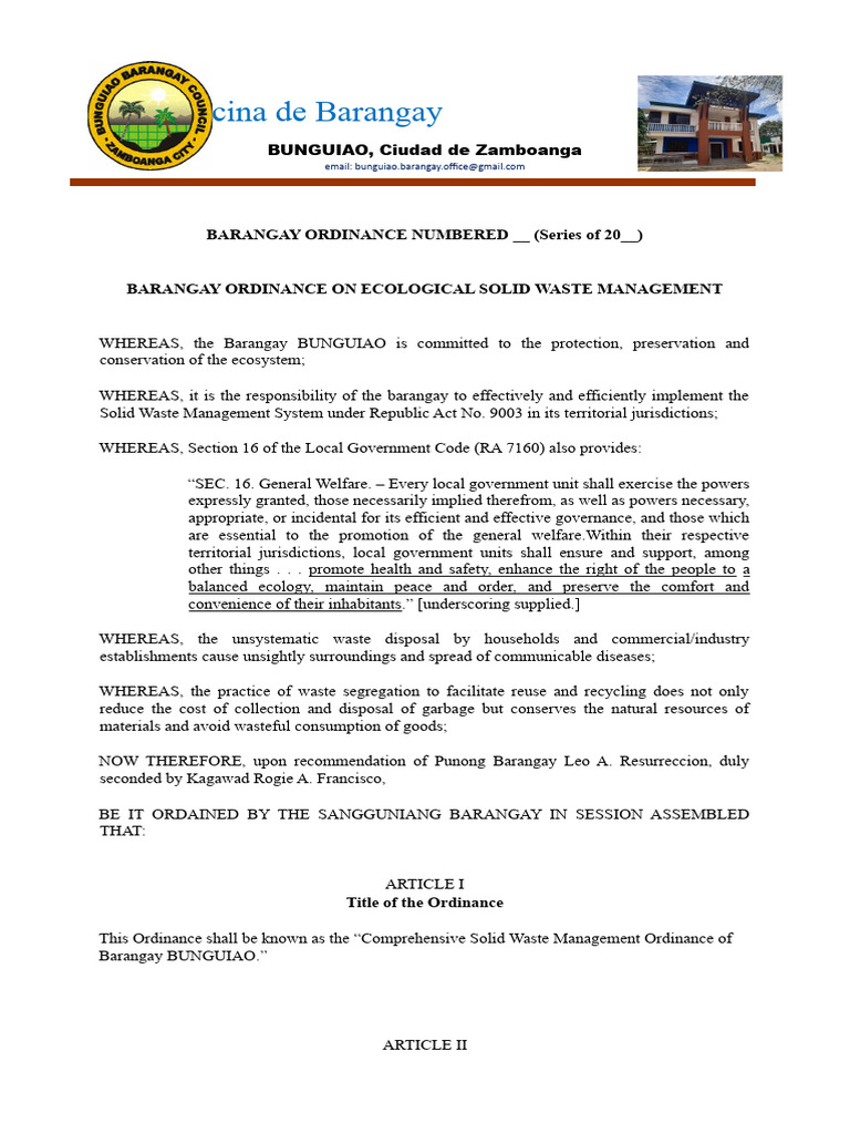 Solid Waste Management Barangay Ordinance | PDF