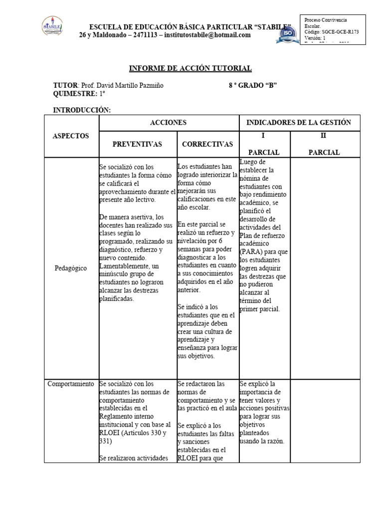 Informe de Acción Tutorial 8vo B | PDF | Educación primaria | Enseñando