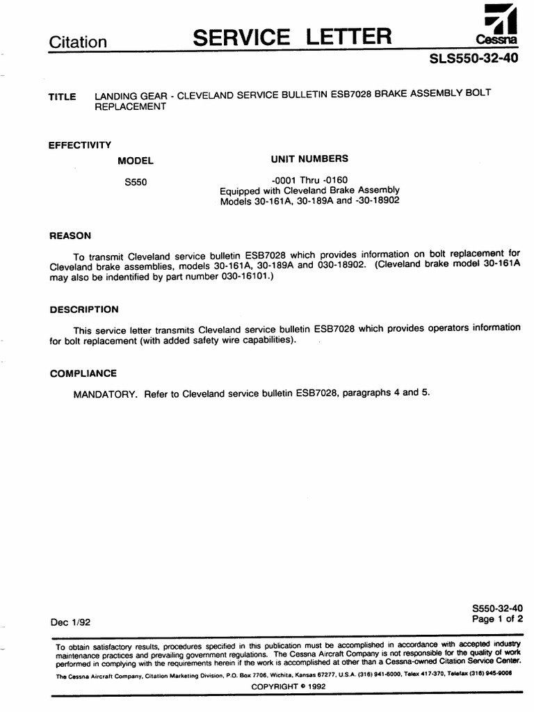 Service Letter SLS550-32-40 | PDF