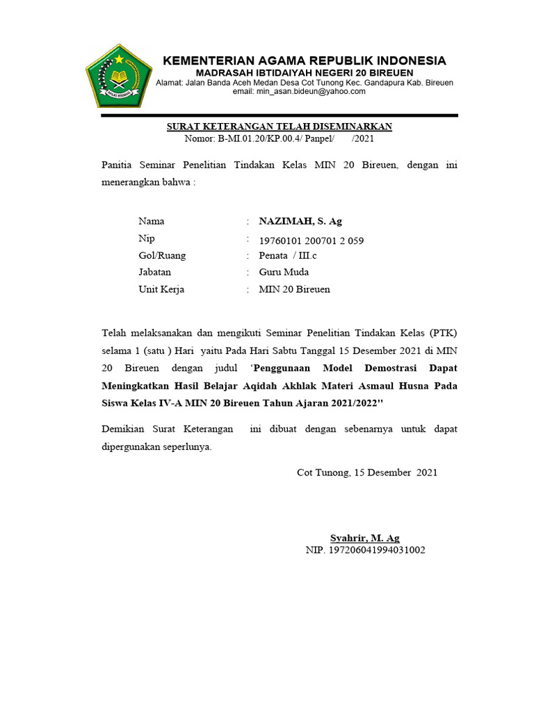 Contoh Surat Keterangan Seminar | PDF