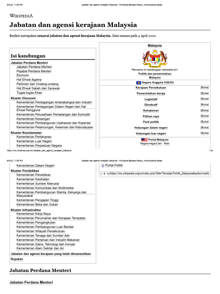 Jabatan Dan Agensi Kerajaan Malaysia - Wikipedia Bahasa Melayu, Ensiklopedia Bebas | PDF