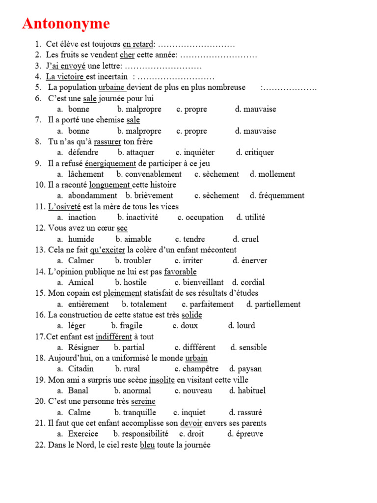 Exercices d'Antonymes pour Élèves | PDF