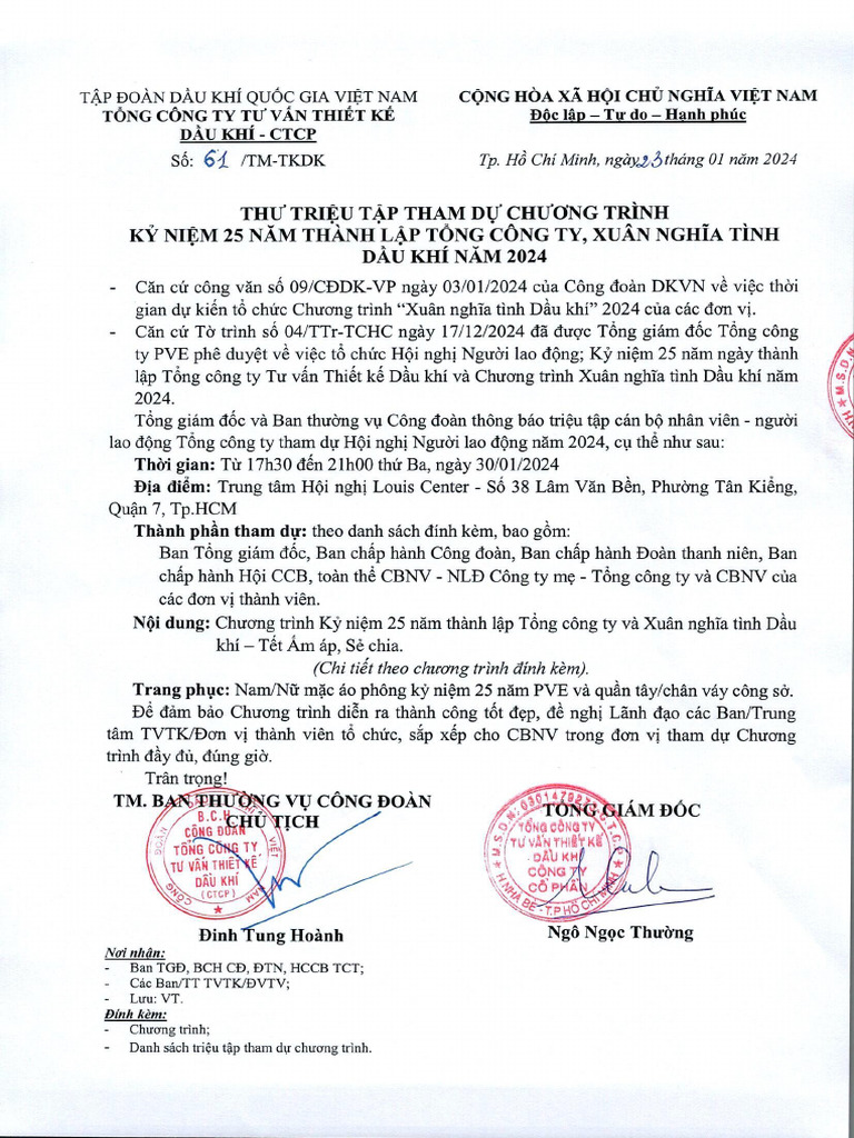 CV Di So 61 Ngay 23-01-24 - Thu Trieu Taptham Du Cy KN 25 Nam TL Pve & Xuan Nghia Tinh DK 2024 | PDF