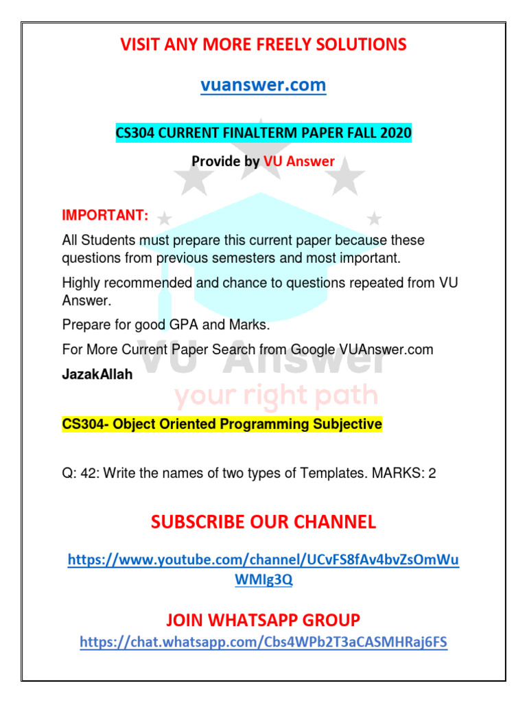 CS304 Final 2020 Paper Current by VU Answer | PDF | C++ | Constructor ...