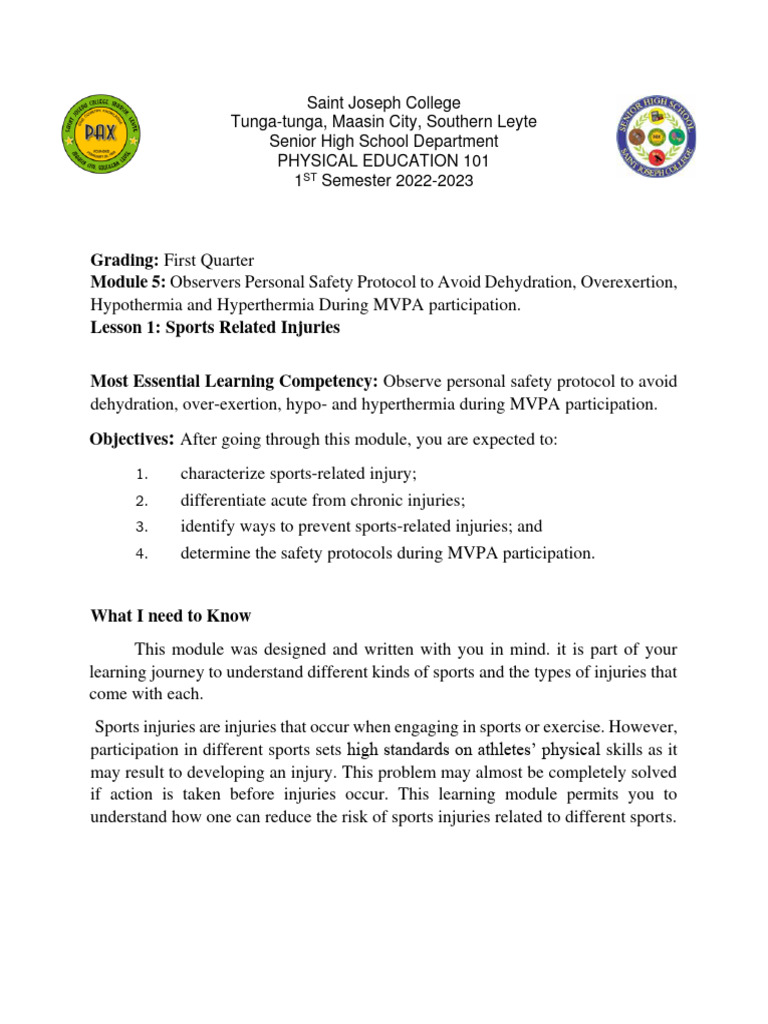 Quater 1 Module 5 P.E 101 Sports Injuries | PDF | Injury | Dehydration