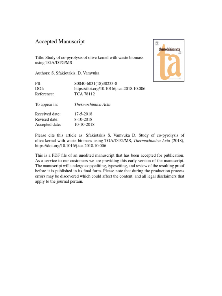 Study of Co-Pyrolysis of Olive Kernel With Waste Biomass Using TGA DTG ... Study of Co-Pyrolysis of Olive Kernel With Waste Biomass Using TGA DTG ...