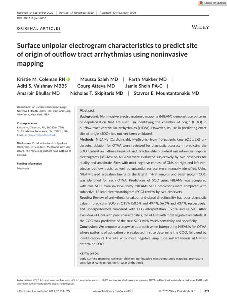 Cardiovasc Electrophysiol - 2020 - Coleman - Surface Unipolar ...