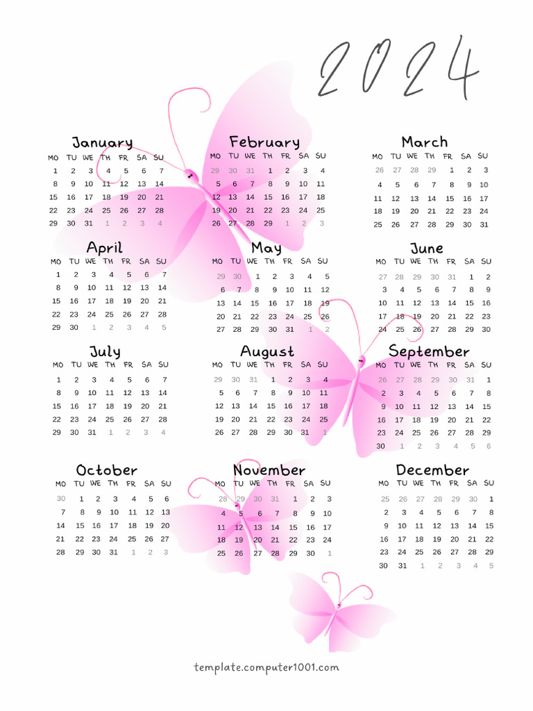 Pink Butterflies Calendar 2024 Computer1001 | PDF