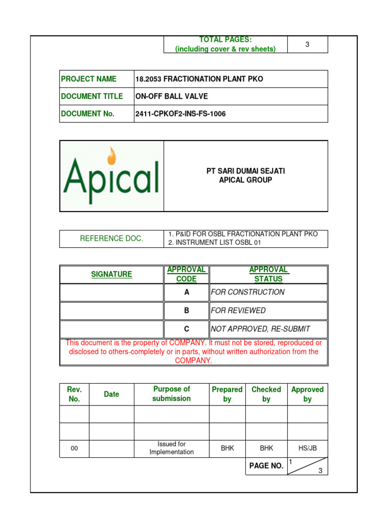 2411 Cpkof2 Ins Fs 1006 - On Off Ball Valve Rev.0 | PDF | Valve | Equipment
