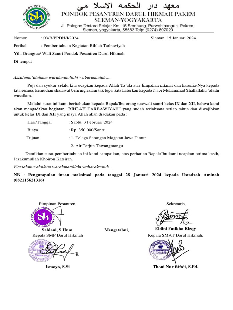 Pemberitahuan Rihlah Tarbawiyah SMP | PDF | Agama & Spiritualitas