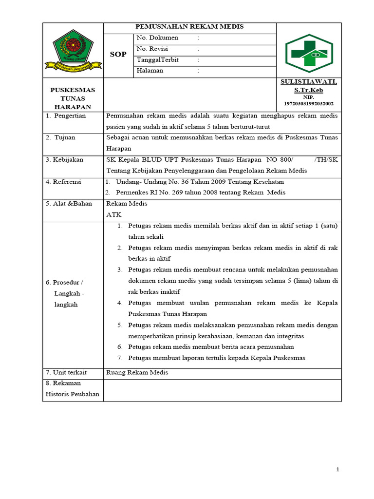 SOP Pemusnahan Rekam Medis | PDF