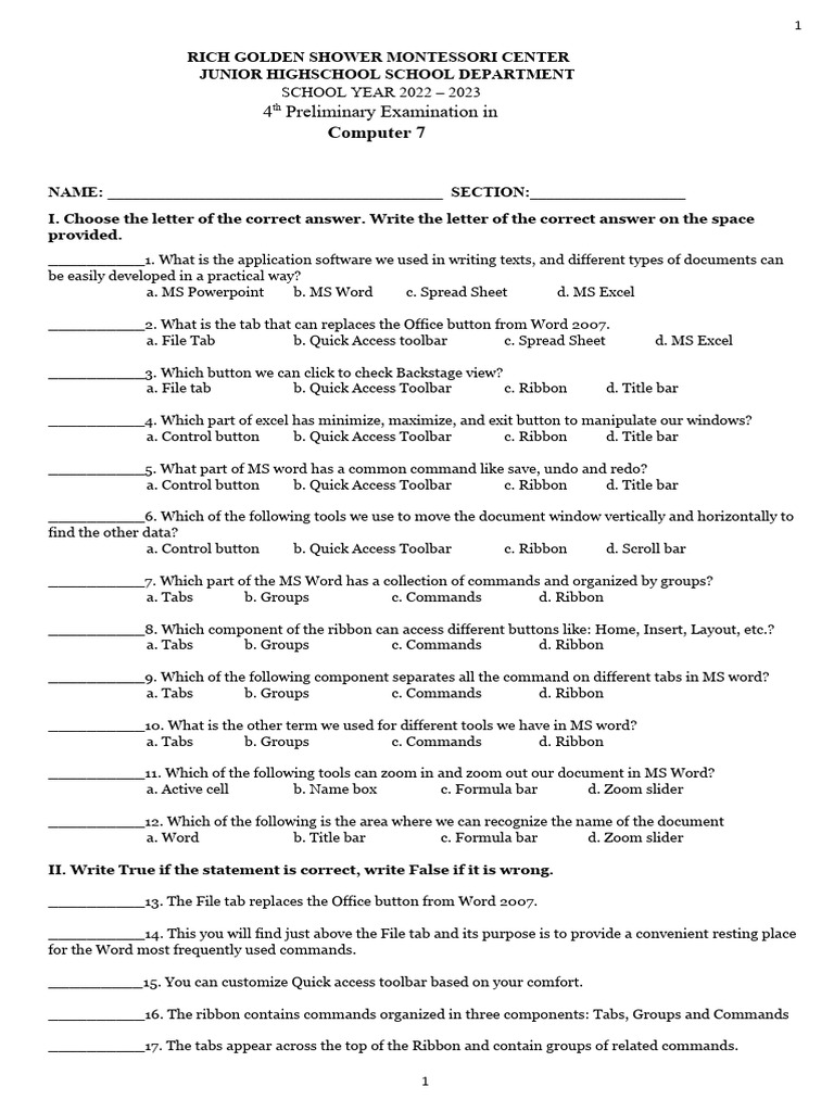 4th-Preliminary-Examination-Grade 7 | PDF | Microsoft Word | Window (Computing)