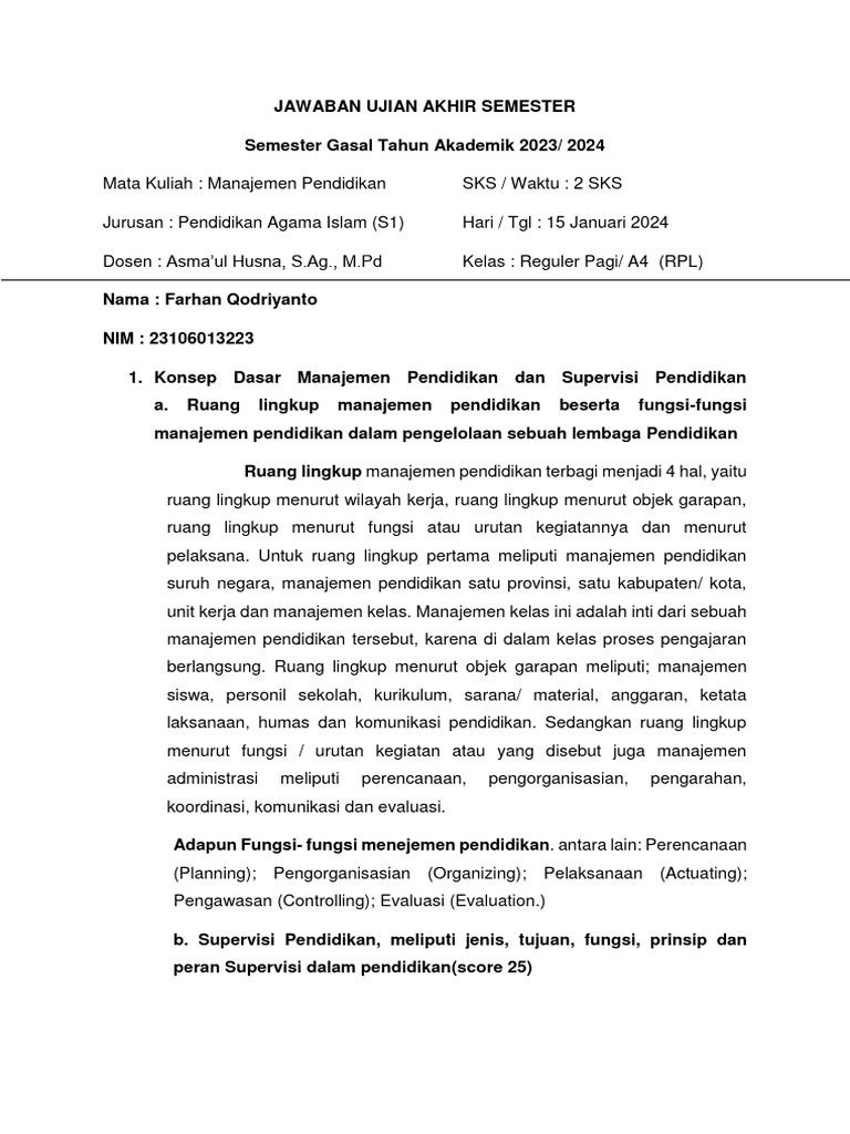 Jawaban UAS Manajemen Pendidikan - Farhan - PAI - RPL | PDF