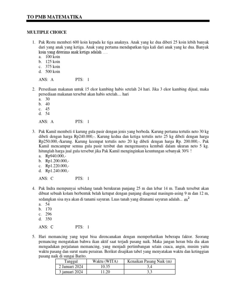 Soal To PMB 2024 (MTK - Bing - Ipa - Ips) | PDF