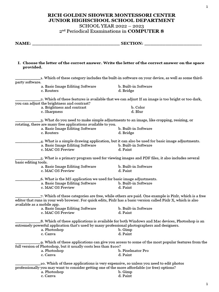 2nd Periodical Examinations Computer Grade 8 | PDF | Adobe Photoshop ...