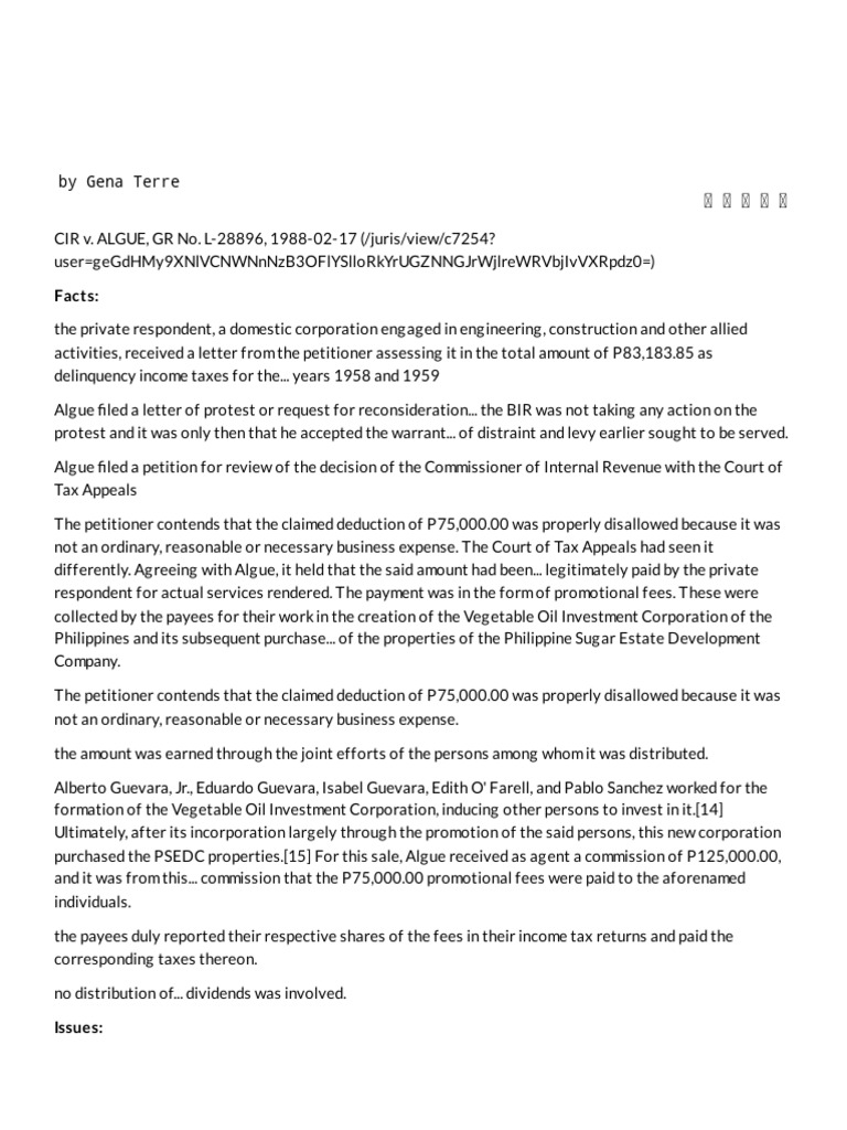 CIR v. Algue: Tax Deduction Dispute | PDF | Taxes | Tax Deduction
