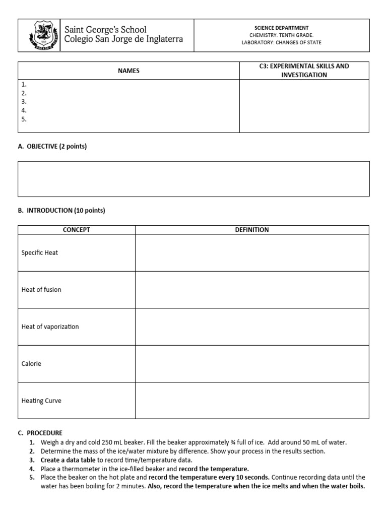 Tenth Grade Chemistry: Changes of State Lab | PDF | Heat | Temperature