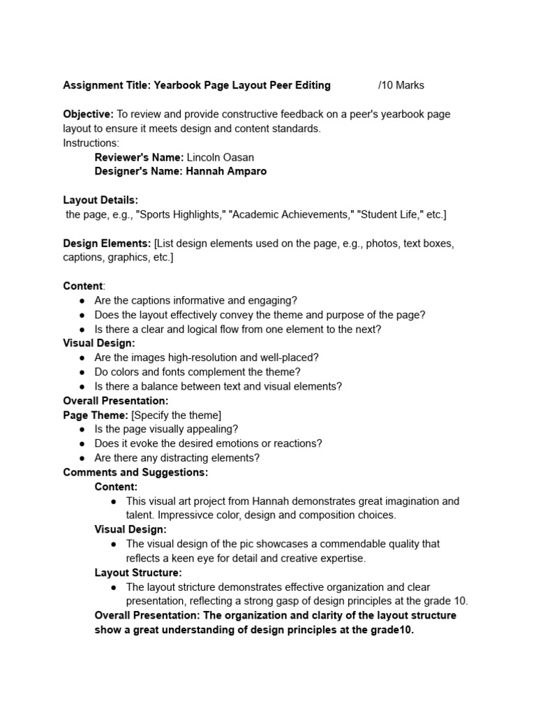 Yearbook Layout Peer Review | PDF