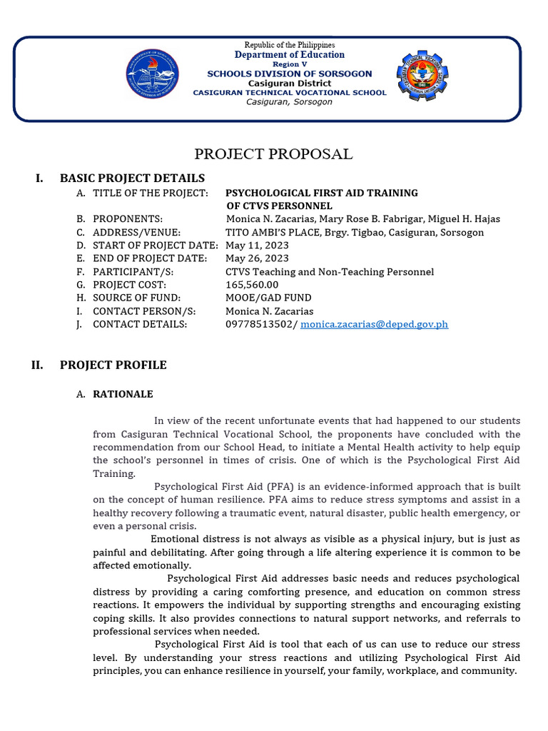 PROJECT PROPOSAL Psychological First Aid Training 2023 | PDF ...