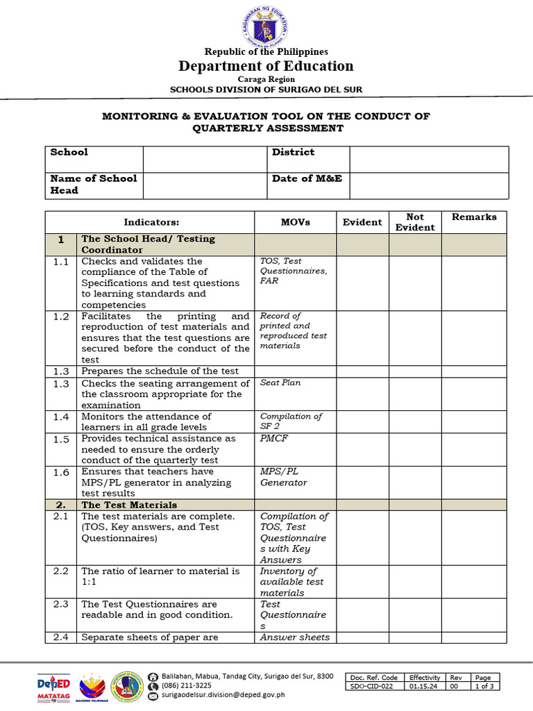 Monitoring Tool Quarterly Exam | PDF | Learning | Evaluation Methods