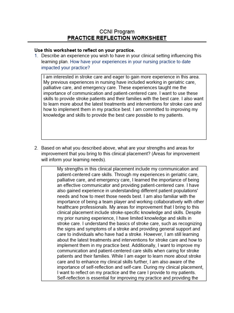 CCNI Practice Reflection Work Sheet . | PDF | Nursing | Health Care