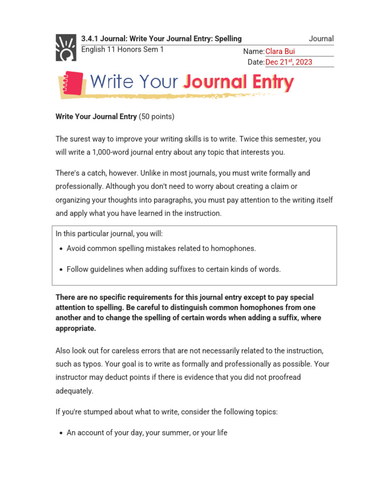 3.4.1 Journal - Write Your Journal Entry - Spelling (Journal) | PDF ...