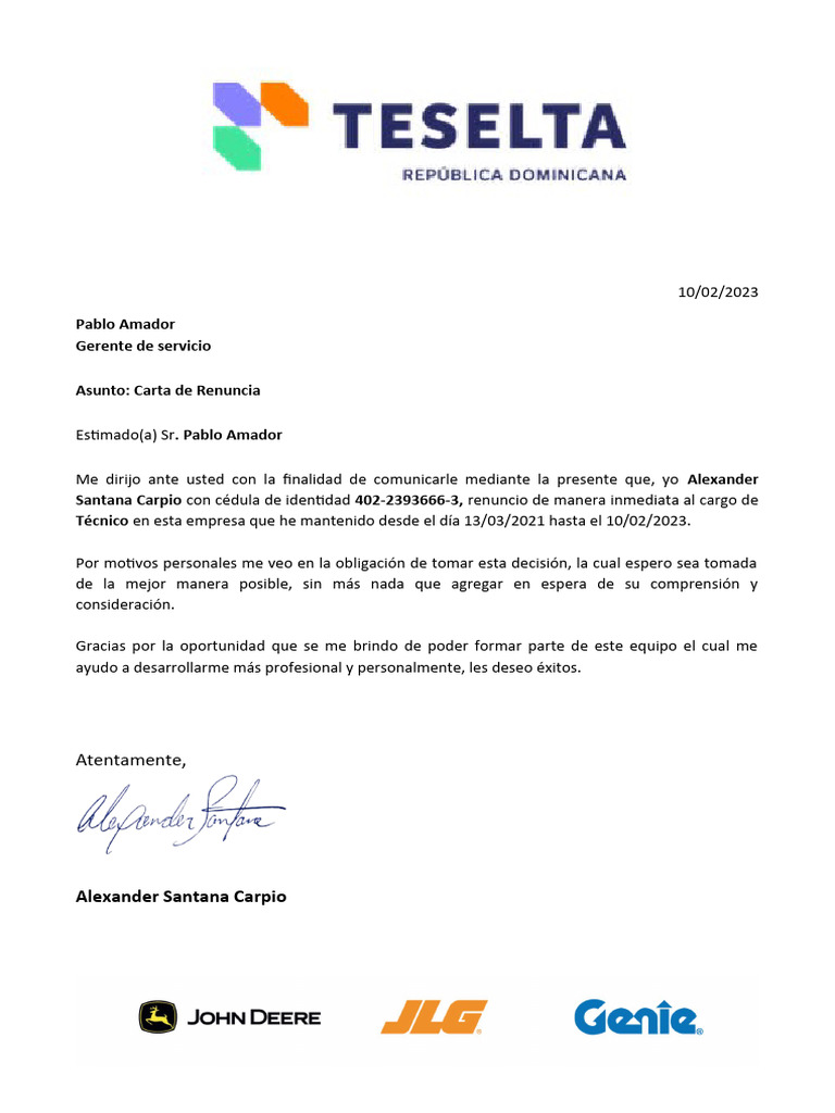 28 Modelo Carta de Renuncia Inmediata | PDF