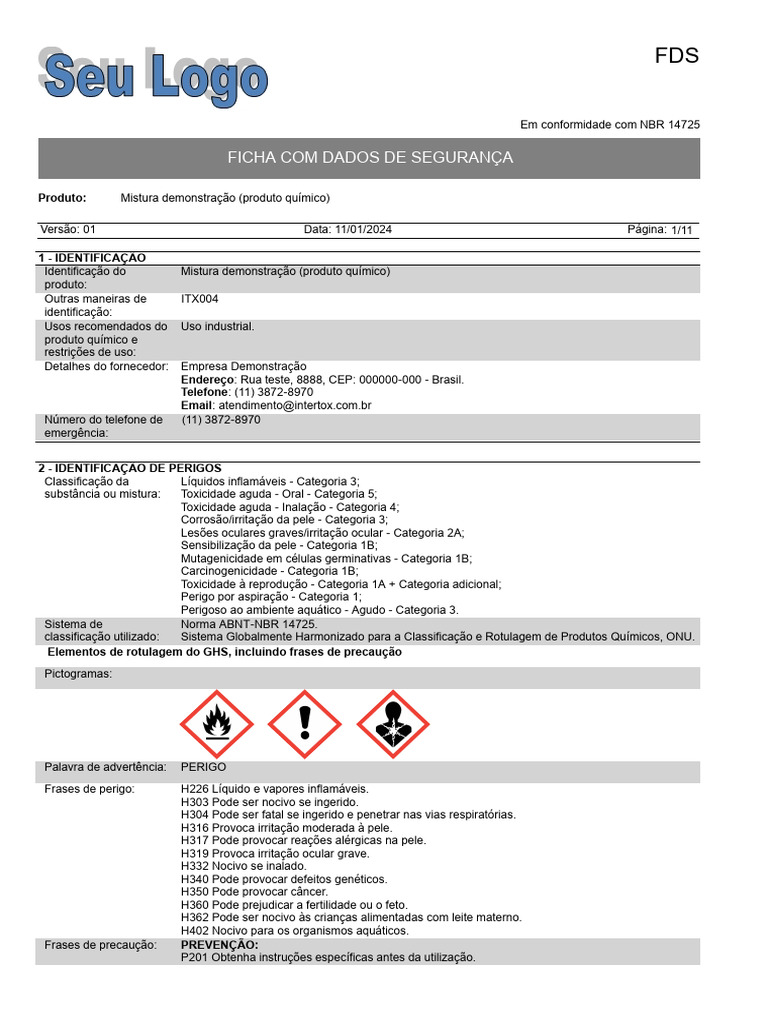 FDS NBR 14725 (PT) - Mistura Demonstracao Produto Químico | PDF | Ciências Físicas | Química