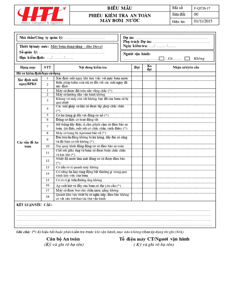 17.F-QT26-17 Checklist-May Bom Nuoc | PDF