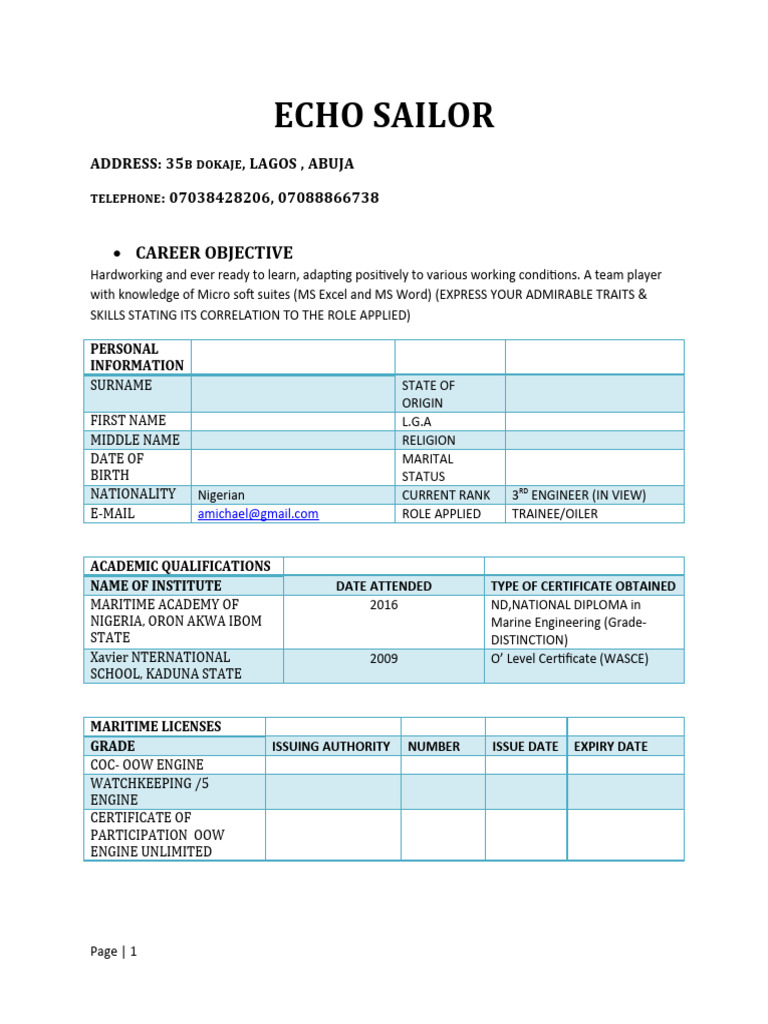 Echo Sailor CV Template | PDF | Ships | Transport