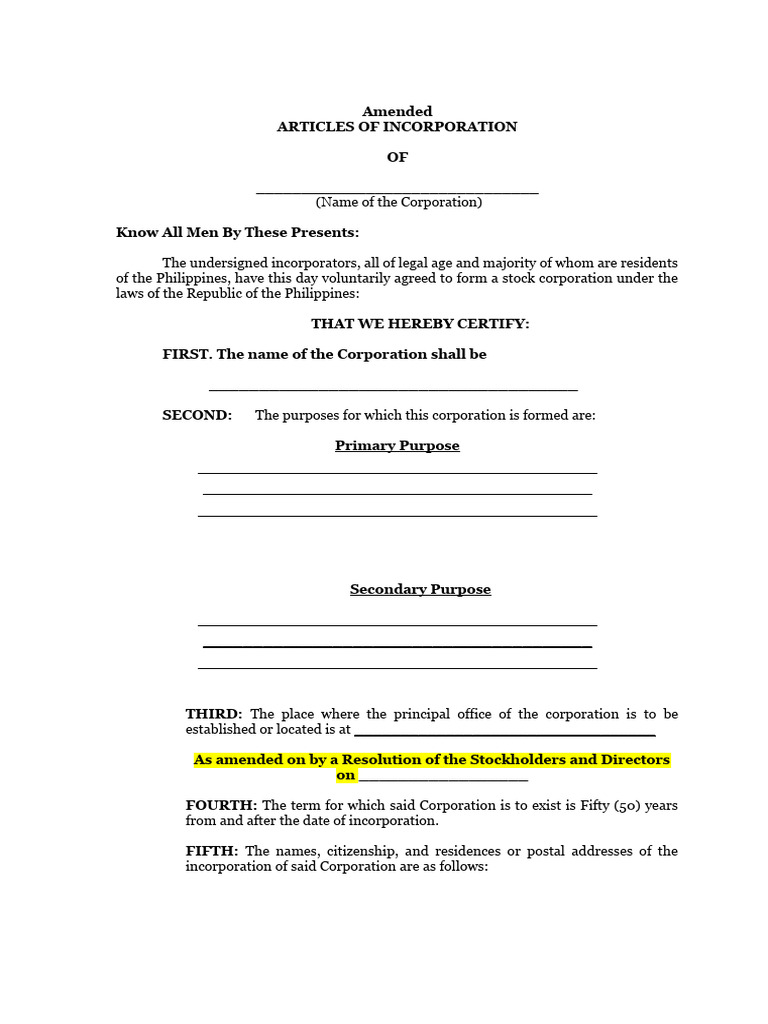 Articles of Incorporation For Change of Address TEMPLATE | Download ...