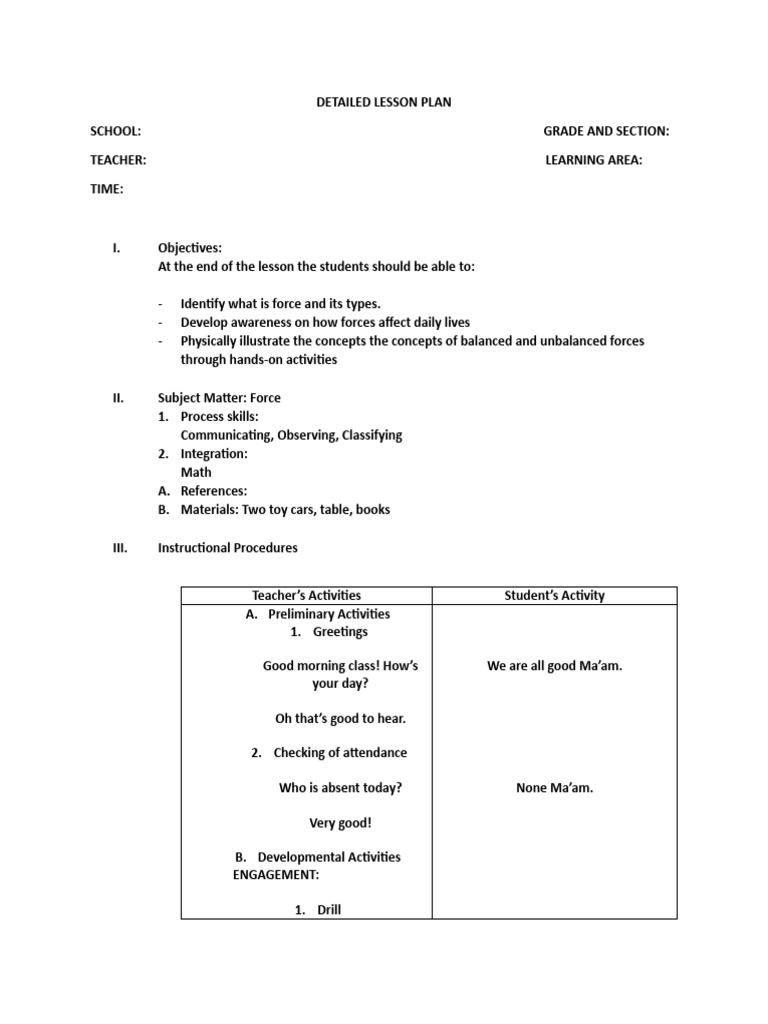 Detailed Lesson Plan | PDF | Force | Buoyancy