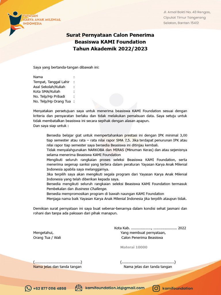 Surat Pernyataan Beasiswa KAMI Foundation | PDF
